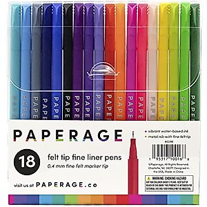 PAPERAGE Felt Tip Fine Line Marker Pens (0.4 mm Metal Pen Nib), 18 Pack Pen Set for Bullet Style Journals, Notebooks, Planners, Calendars, Notes & Coloring - Use at Home, Office, School