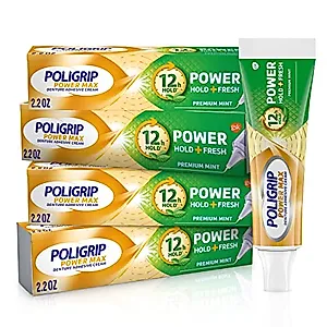 Super Poli-Grip Power Max Power Hold + Fresh Denture Cream, Premium Peppermint - 2.2 oz x 4