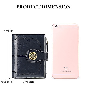 Wallets for Women Small Bifold RFID Blocking Genuine Leather Wallet Vintage Zipper Short Card Holder Ladies Purse Elegant Clutch with ID Window (Dark Blue)