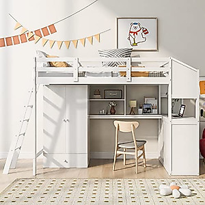 BIADNBZ Twin Size Loft Bed with Storage Wardrobe and Drawers, Wood Loftbed Frame w/Desk and Shelves for Kids/Boys/Girls/Teens Bedroom, White