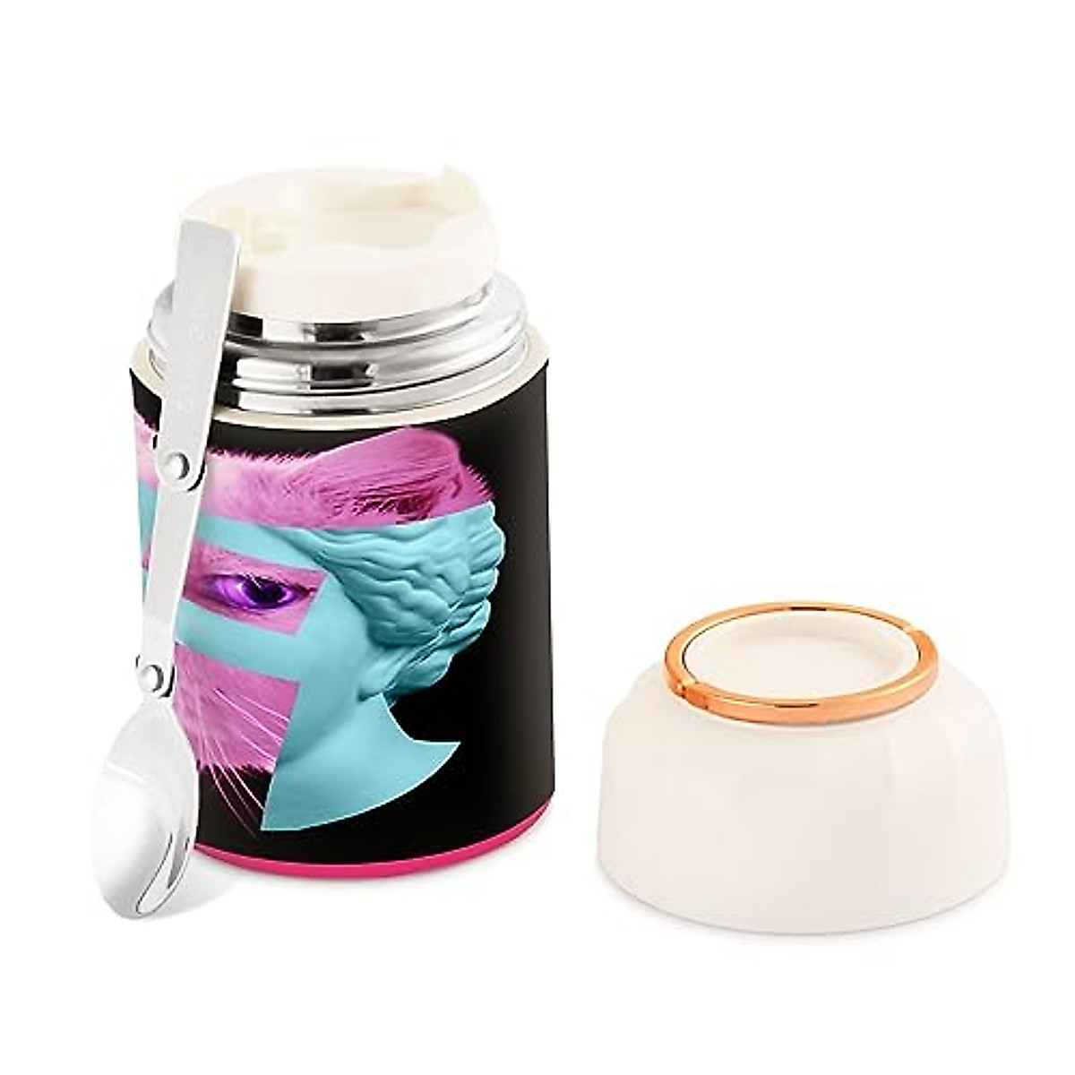 CUPADA Sculpture Cat Cool Food Jar, Art Design Insulated Hot Food Jars Vacuum 17OZ with Folding Spoon for Work Trip Picnic Camping