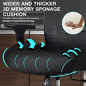 Blue Whale 500lbs Big and Tall Office Chair Widen 3D Cushion Ergonomic Office Chair with 4D Armrests and Adjustable Lumbar Support Office Desk Chair for Adult Heavy Duty Mesh Computer Chair