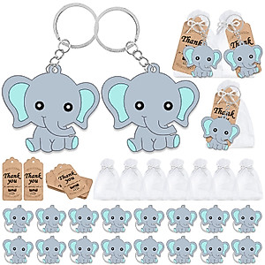 CiciBear 72 Pack Elephant Party Return Favors with 24 Blue Baby Elephant Keychains, 24 Thank You Tags and 24 Gift Bags for Elephant Party, Boys Baby Shower, Kids Birthday, School Carnival Rewards