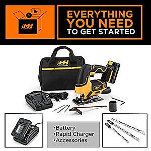 MOTORHEAD 20V ULTRA Cordless Jig Saw, Lithium-Ion, LED, Laser & Edge Guide, 0-45° Bevel, 80” Stroke, 2700 SPM, Variable Speed, Tool-Free Blade Change, 2Ah Battery, Charger, Bag, 3 Blades, USA-Based