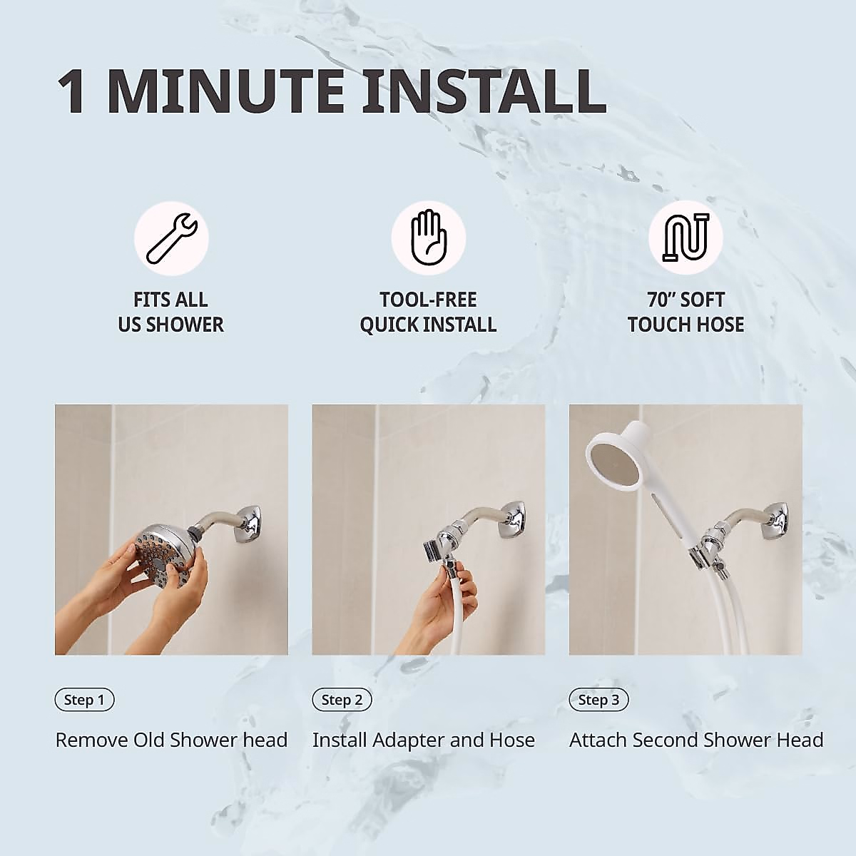 SECOND SHOWER NSF Certified Filtered Shower Head, Clinically Proven for Skin Health, High Pressure Luxury Handheld Filter for Hard Water, Premium 70” Hose, Reduces Frizzy Dry Hair (Pure Silver)