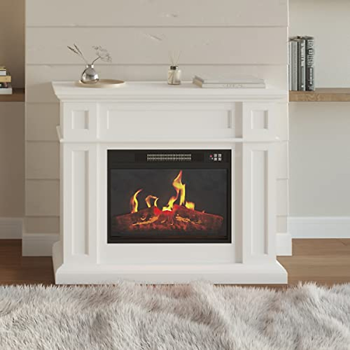 Electric Fireplace with Mantel - Freestanding Heater with Remote Control, Adjustable LED Flames and Faux Logs - Living Room Decor by Northwest (White)