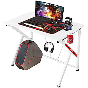 LYNSLIM Gaming Desk 39 Inch – Computer Deak for Home, K Shaped PC Gaming Table, Ergonomic Gamer Desk with Headphone Hook, Cup Holder and Cable Management (White)