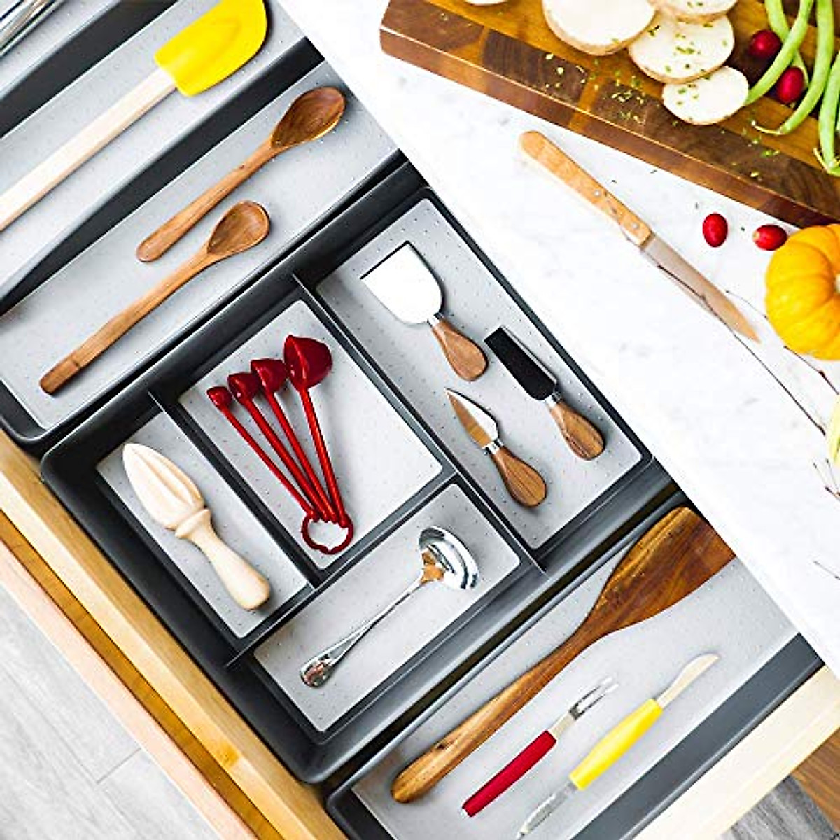 madesmart Classic Gadget Tray, Soft Grip, Non-Slip, Multi-Purpose Drawer Organizer, 4 Compartments, All-In-One Home Organization, BPA Free, Granite
