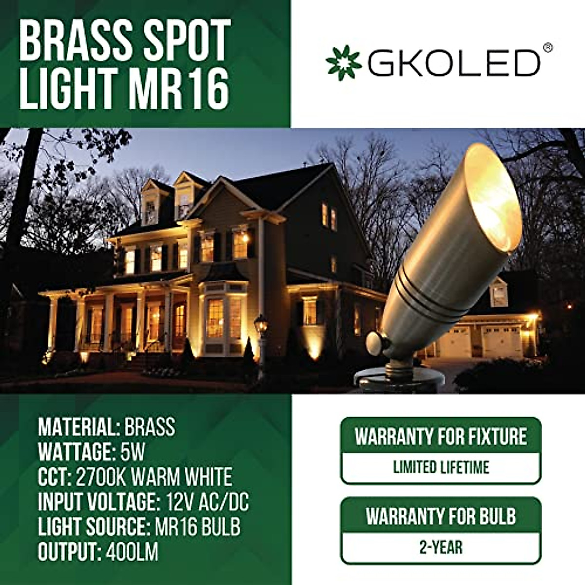 GKOLED UL Listed Solid Brass Landscape Spotlight, Low Voltage Outdoor Directional Uplight, with 5W MR16 LED Bulb & Large Rugged Slot Spike, 12V AC/DC Garden Patio Spot Up Light