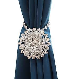 FURIJING Magnetic Crystal Curtain Tie Backs,Curtain Bling Tiebacks,Crystal Curtain Holdbacks,Tie Back Curtains Magnetic Drapery Tiebacks,Sparkling Flower Curtain Buckle Holder-FWF001Silver-2 Pack
