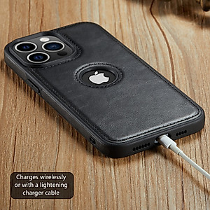 Casus Designed for iPhone 14 Pro Max Case Vegan Leather Slim Logo View Classic Luxury Elegant Thin Protective Cover (2022) 6.7" (Black)