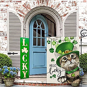 CROWNED BEAUTY St Patricks Day Cat Garden Flag 12x18 Inch Double Sided for Outside Small Hello Lucky Burlap Green Shamrocks Clovers Hat Yard Holiday Decoration