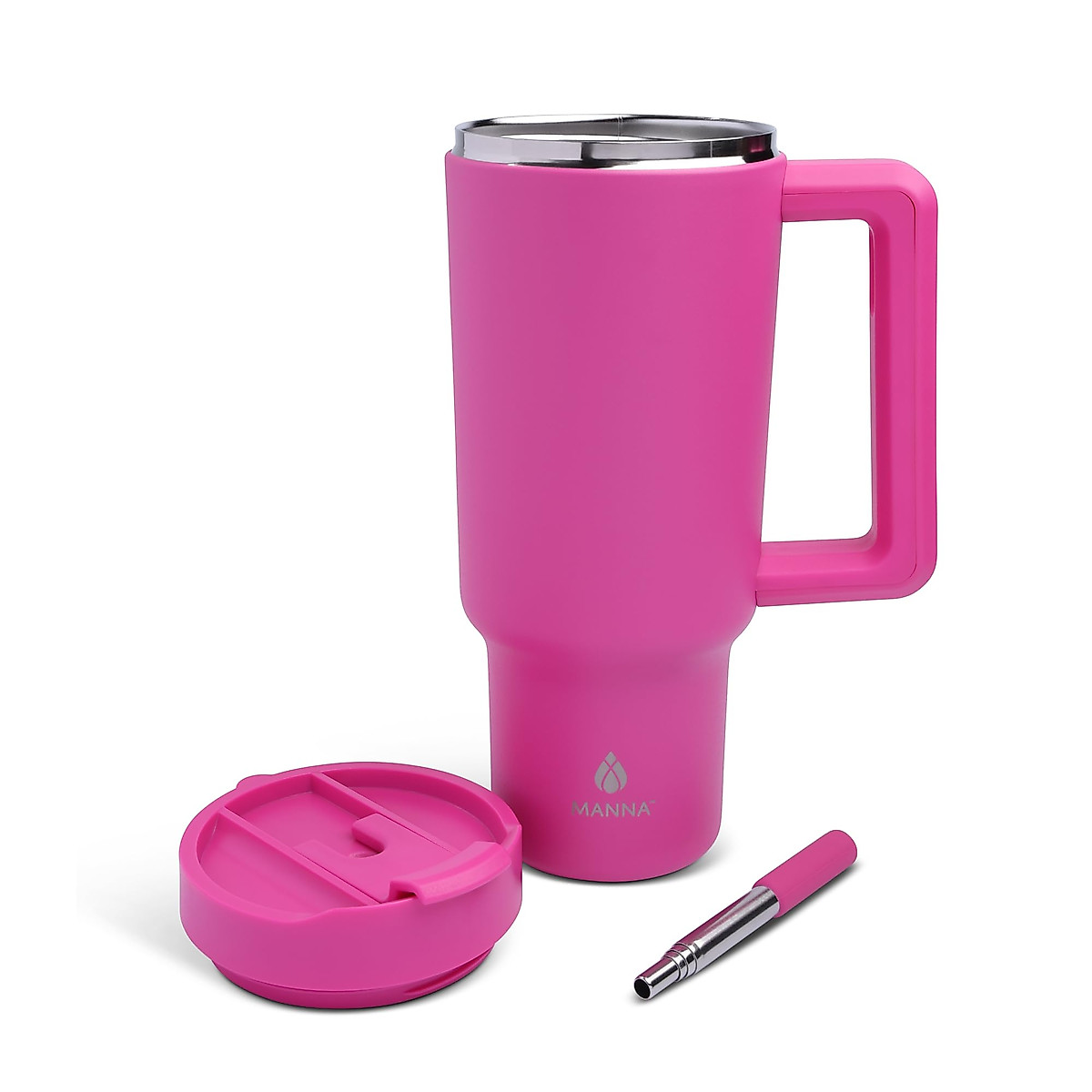 Manna Stainless Steel Double Wall Insulated Tumbler with Smart Seal Dual Sip Lid and Straw Fit Handle - 40 Oz - Bright Pink Powder Coat