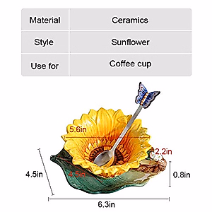 Ceramic Tea Cup with Saucer Matching Spoon Set,Sunflower Enamel Porcelain Mugs Ceramic Coffee Cup Home Decor Porcelain Butterfly Spoon