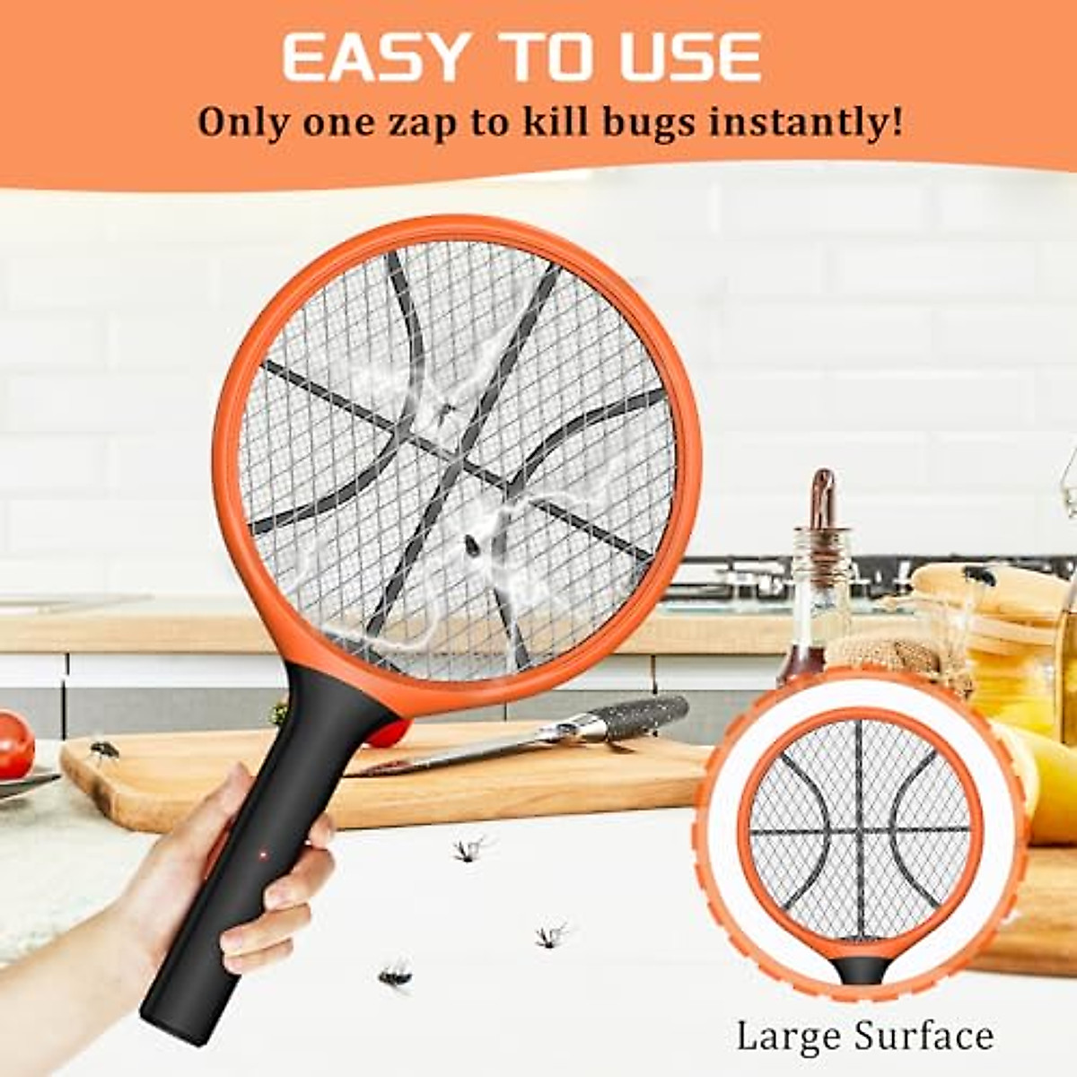 LUOJIBIE Electric Fly Swatter, Bug Zapper Racket Rechargeable Mosquito Zapper Handheld Fly Zapper with Hanging Ring for Home Indoor Outdoor, Large Size-1 Pack