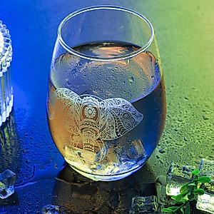 Cunhill 2 Pieces Elephant Stemless Wine Glass Hand Etched Elephant Glass Clear Stemless Wine Glass Coffee Cup, Presents for Women Men (15.2 oz, Classic Style)