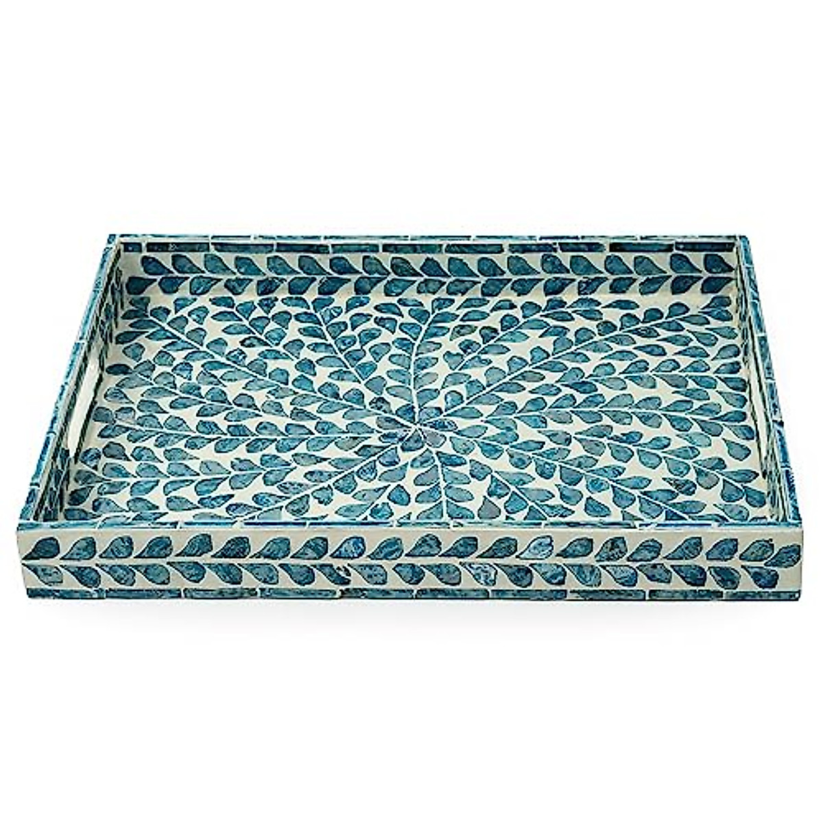CLAYNIX Serving Tray 15.7" X11.8", Lacquer Mother of Pearl Inlay Mosaic Tray, Rectangle Wooden Marble Tray with Handles Trays for Tea, Breakfast in Bed, Table (Blue)