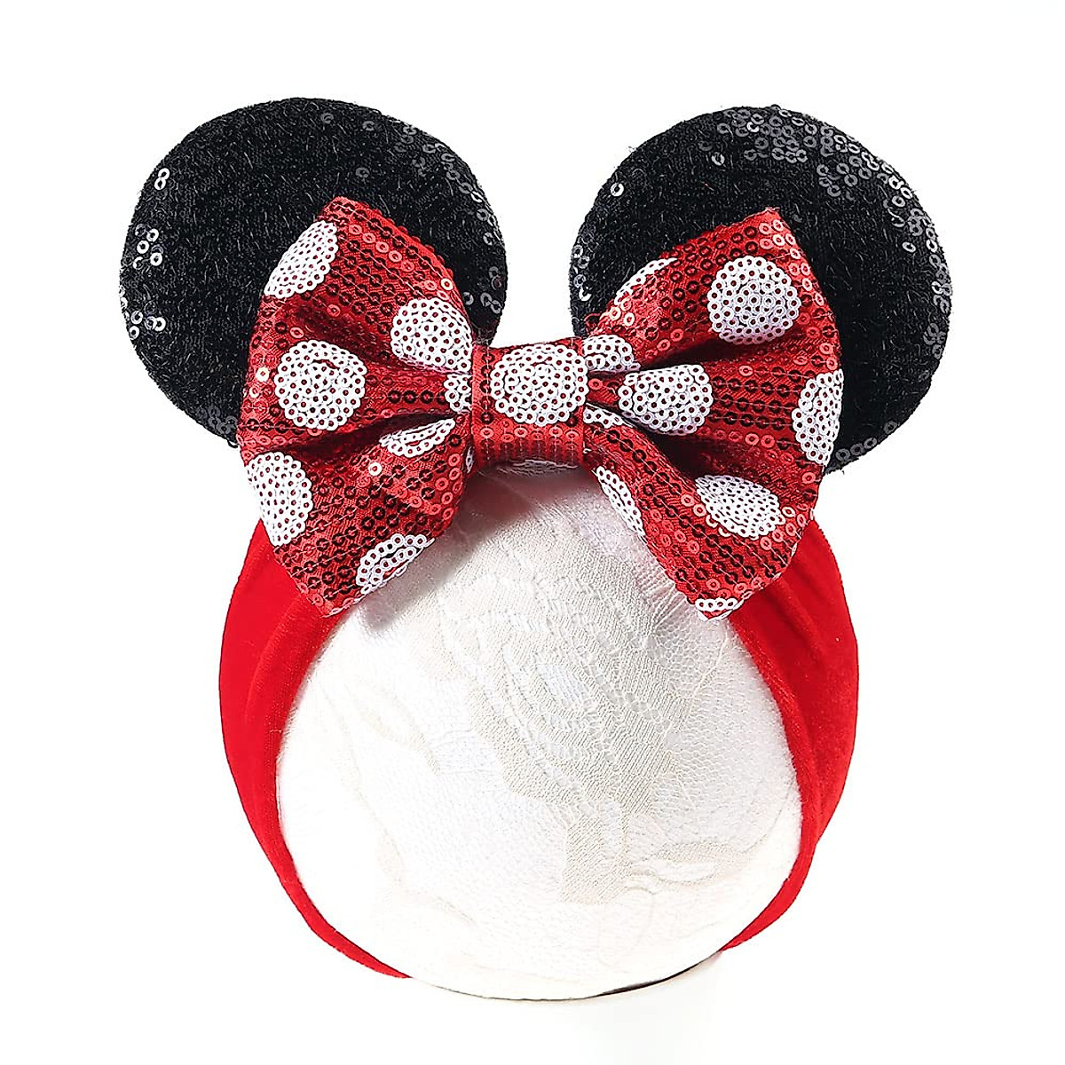 JIAHANG Baby Girl Mouse Ears Headwrap with Sequin Polka Dot Bow, Velvet Turban Hairband, Hair Bow Headband for Toddler, Kids, Party Supplies