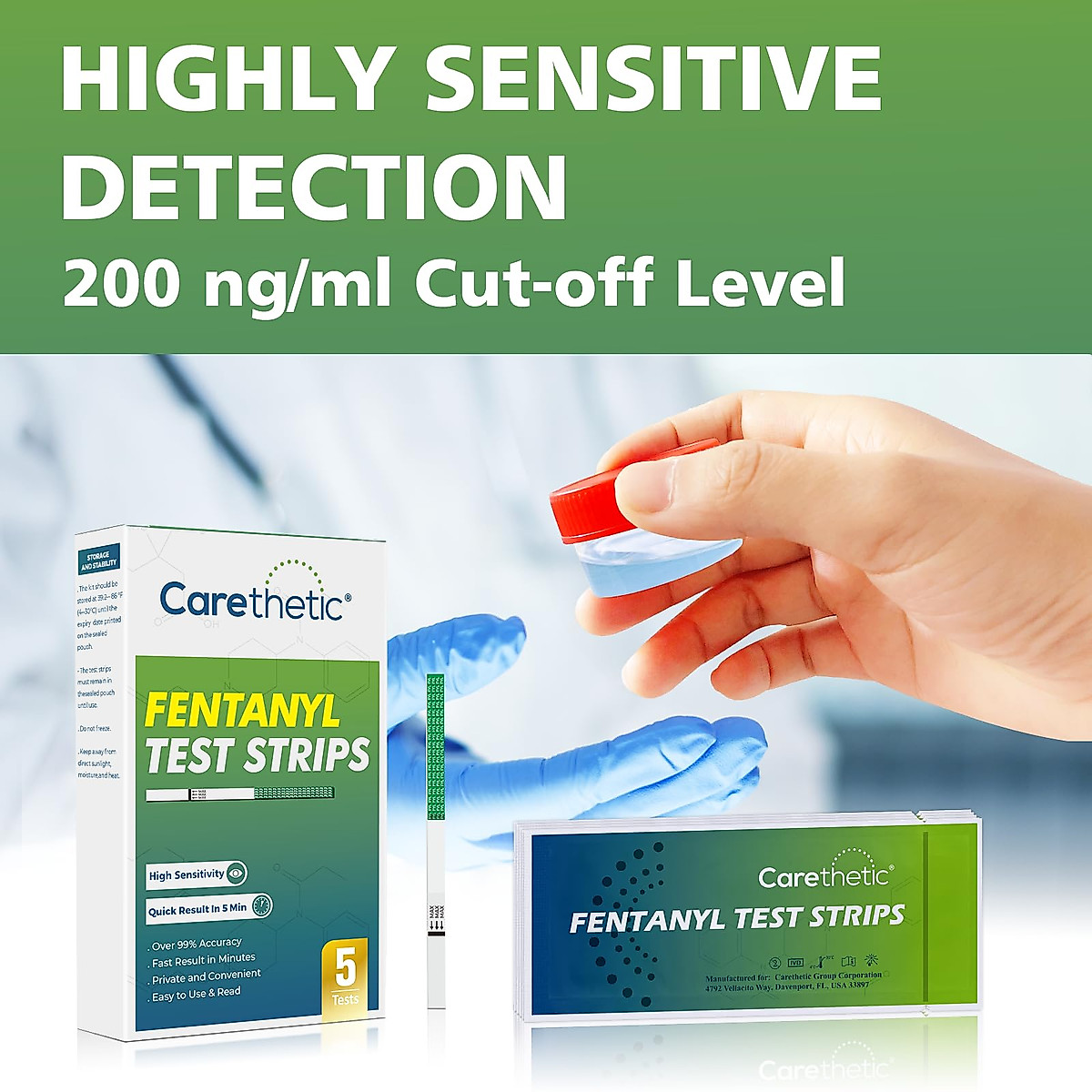 Fentanyl Test Strips - [5 Pack] Carethetic Fentanyl Testing Strips for Testing Drugs - Fentanyl Test Kit for Powder, Liquid & Pills | Quick & Highly Sensitive