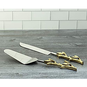 2 Piece leaf (twig) Cake Server Cake Knife and Serving Spatula Set Gold Leaf Design, Stainless Steel and Brass Two Tone Ideal for Weddings, Party's, Elegant Events (Gold)