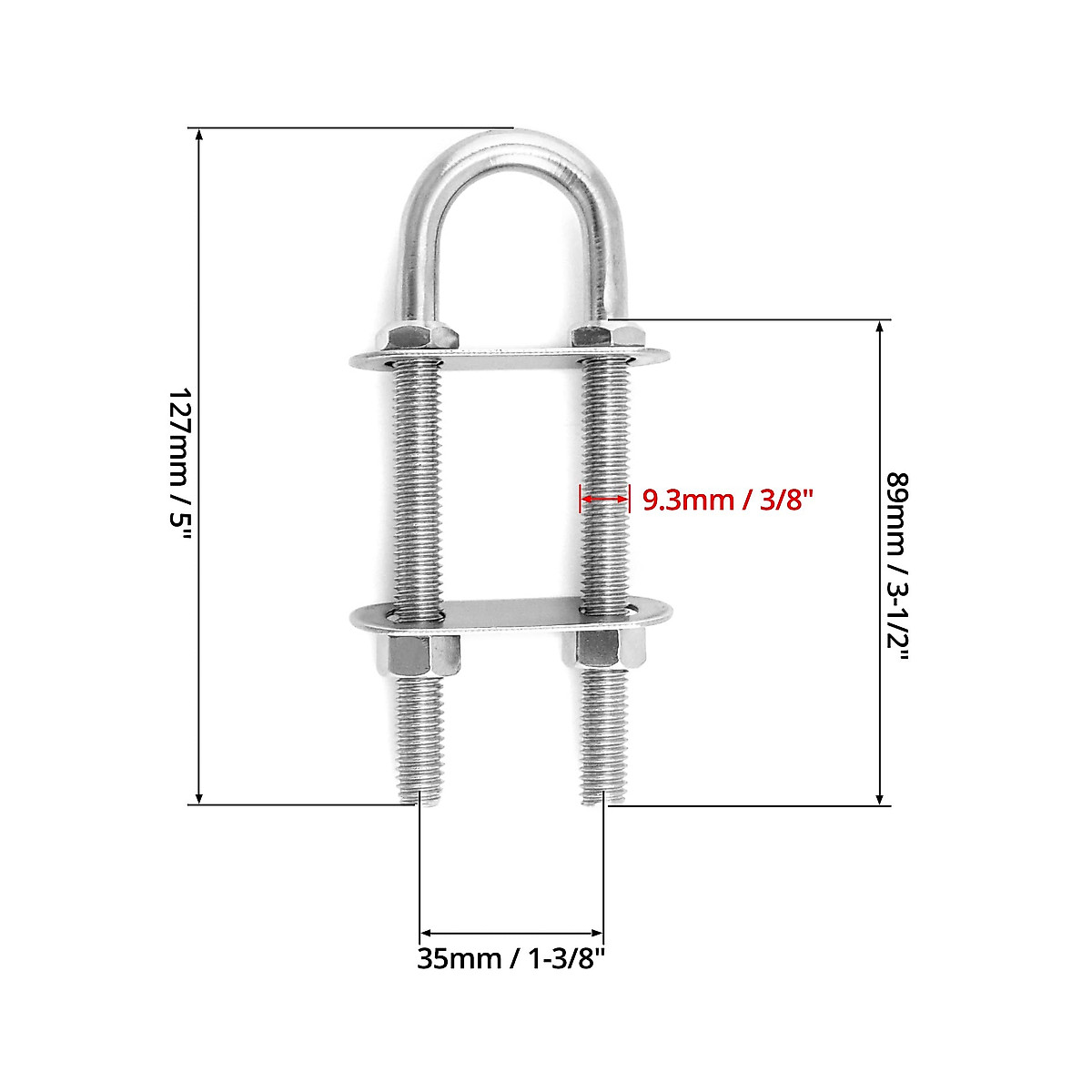 QWORK Marine Boat Stern Eye Tie Down U Bolt, 2 Pack, 3/8" Dia, 3-1/2" Thread Length, Stainless Steel