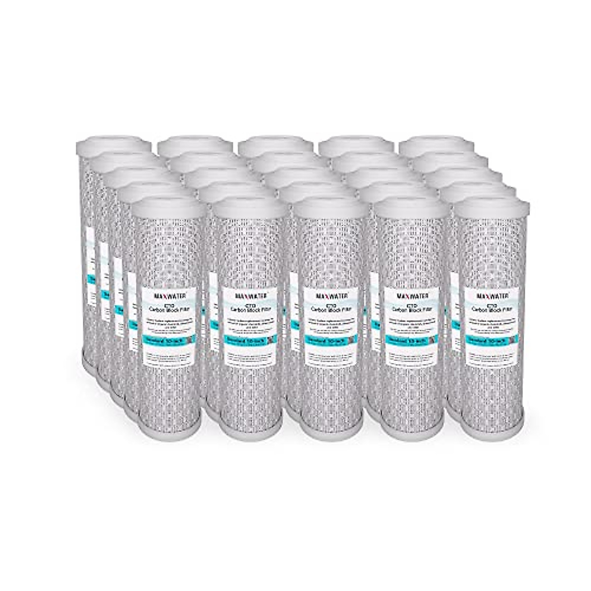 Max Water CTO 5 Micron, 10" x 2.5" Replacement Filter Cartridge, Coconut Shell Carbon Block for Whole House Water Filtration System and Standard RO (Reverse Osmosis) Filters - Pack of 25