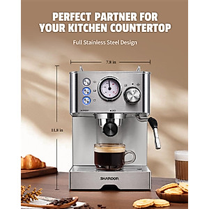 SHARDOR 20 Bar Espresso Machine,Fast Heating Expresso Coffee Machines for Home, Manual Latte & Cappuccino Maker with Milk Frother, 50 Oz Removable Water Tank, 1100W, Stainless Steel