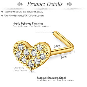 JFORYOU Nose Rings Hoop 20G Nose Rings Studs Surgical Steel L Shape Nose Studs for Women CZ Heart Moon Butterfly Snake Gold Tone Nose Piercings Jewelry