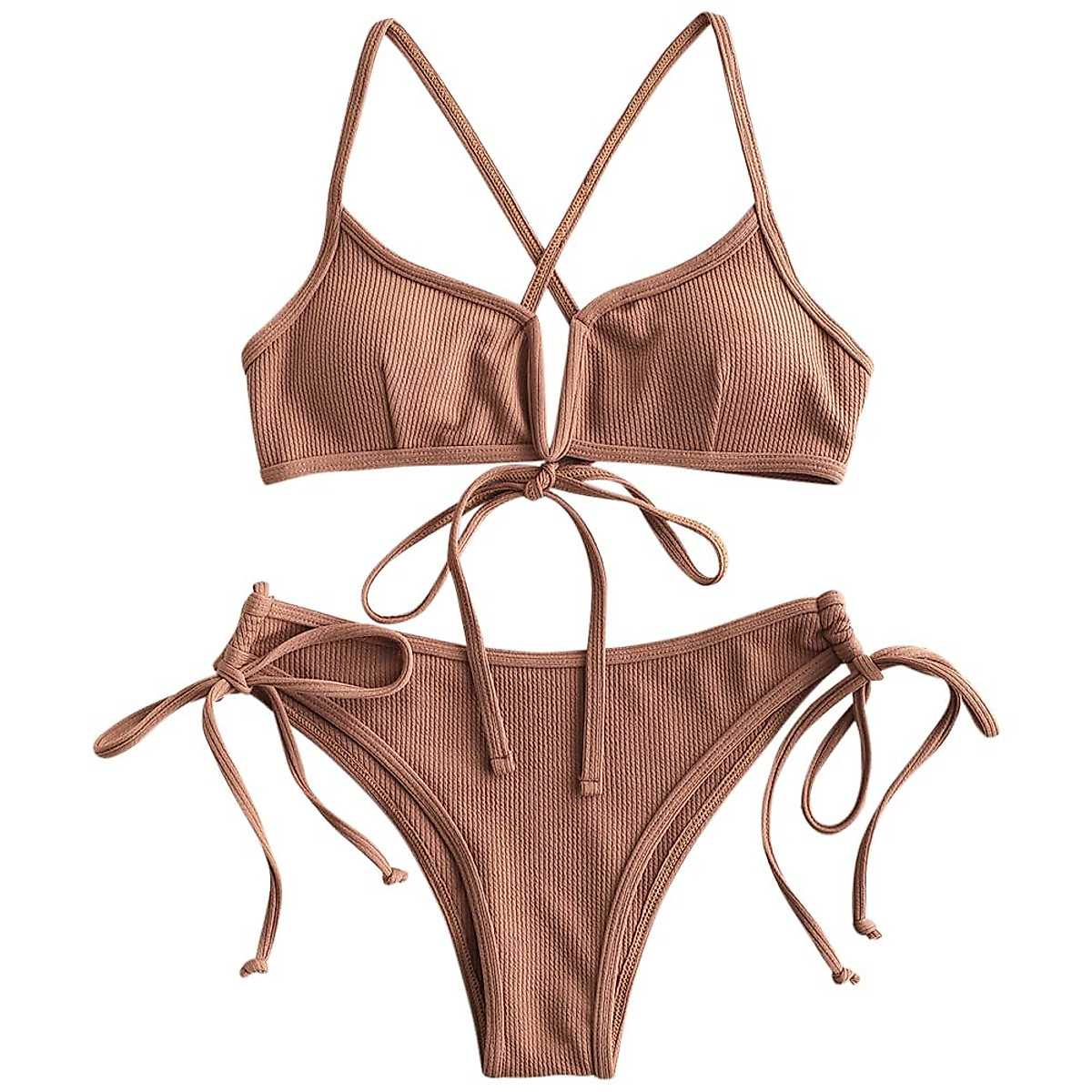 ZAFUL Women's High Cut Bikini Sets Ribbed V-Wire Cami Bikini Two Piece Swimsuit (3-Light Brown, M)