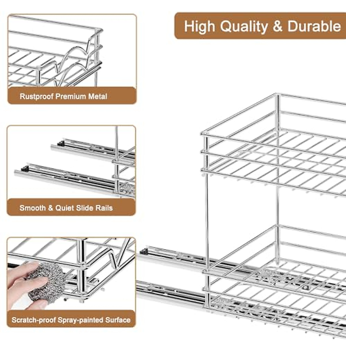 FANHAO Pull Out Spice Rack Organizer for Cabinet, Heavy Duty Slide Out Seasoning Kitchen Organizer, 2 Tier Cabinet Organizer Under Sink Organizers, 8.7" W x10.3 D x10.8 H, Chrome