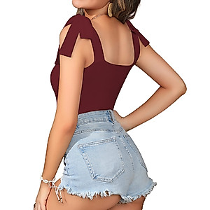 MANGOPOP Women's Square Neck Sleeveless Tank Tops Tie Shoulder Bodysuits Jumpsuits Clubwear