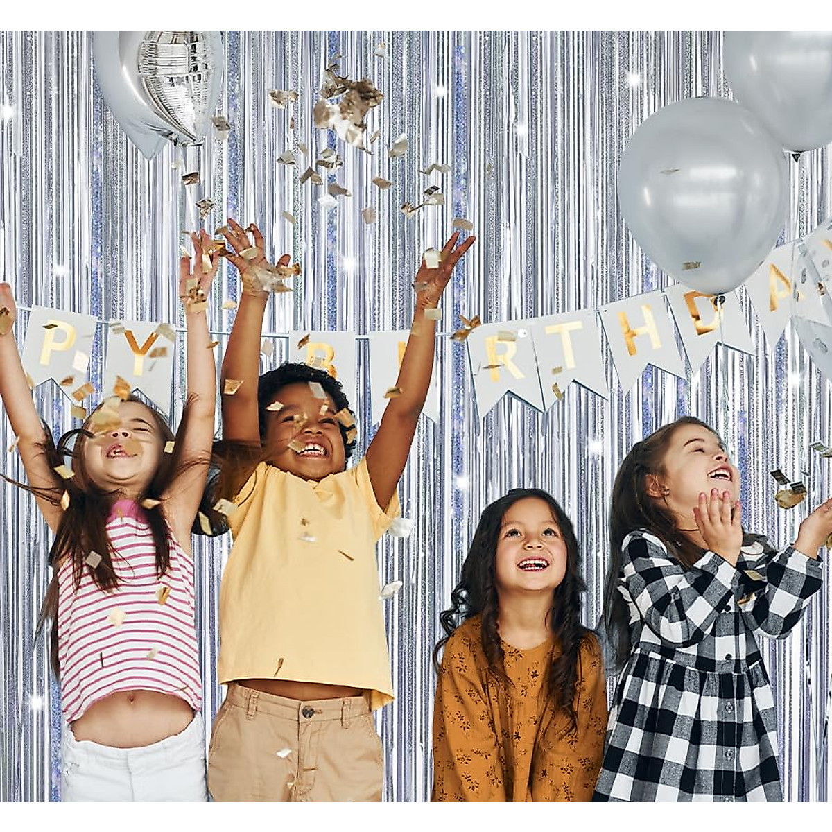 RUBFAC 2 Pack Shimmer Silver Backdrop Party Decorations Foil Fringe Curtains Tinsel Metallic Streamers Photo Booth Streamer for Bachelorette Wedding Engagement Baby Shower Birthday Party Supplies