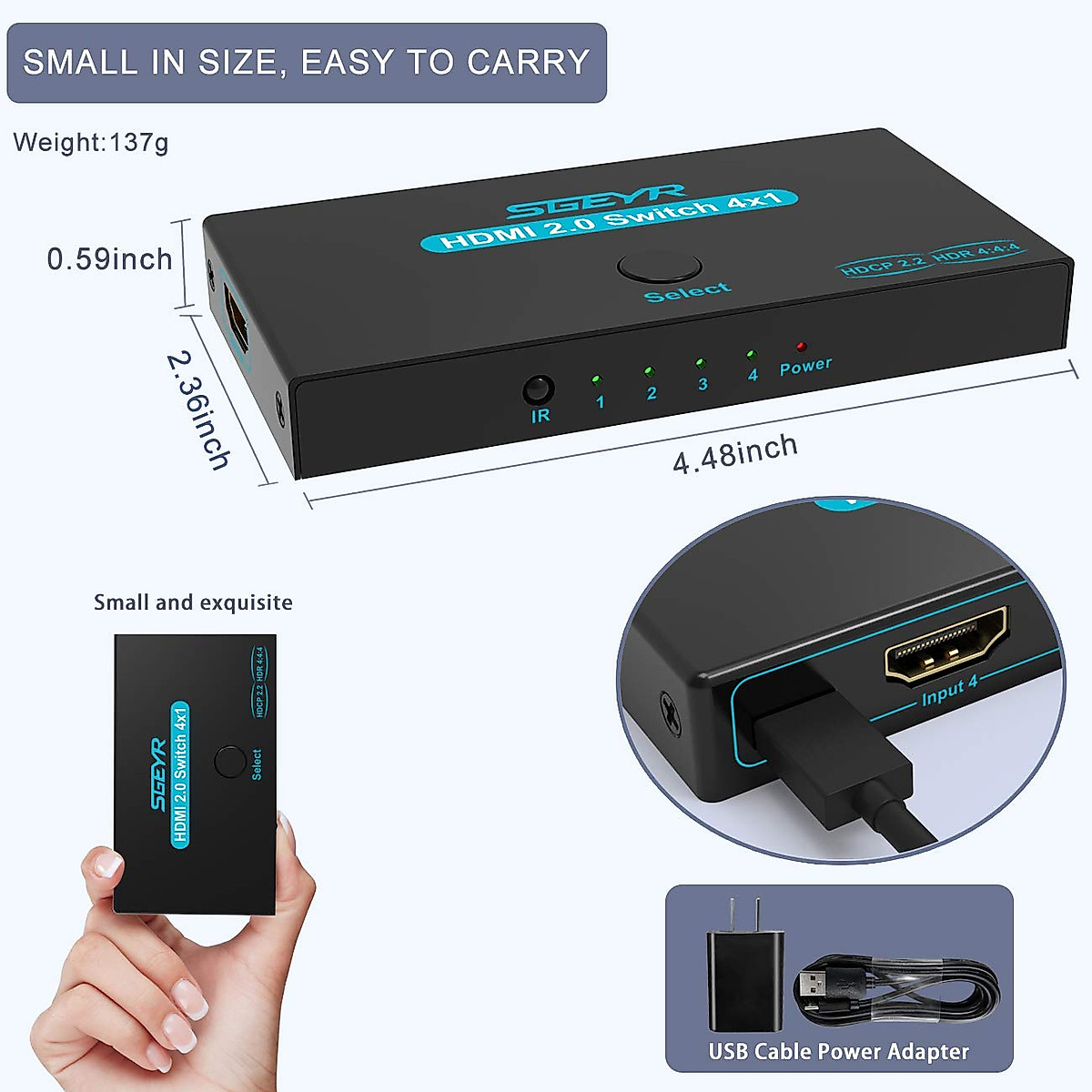 SGEYR HDMI 2.0 Switch 4 Port, HDMI Switch Splitter 4 in 1 Out, Metal HDMI Switcher 4K with IR Remote, Support HDCP 2.2 Support 4K@60Hz Ultra HD 3D 2160P 1080P, Compatible for PS3/PS4,Xbox