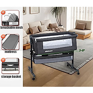 MMBABY Baby Bassinet Bedside Sleeper Bedside Crib Easy Folding Portable Crib 3 in 1 Travel Baby Bed with Adjustable Height,Breathable Net,Large Storage Bag and Mattress