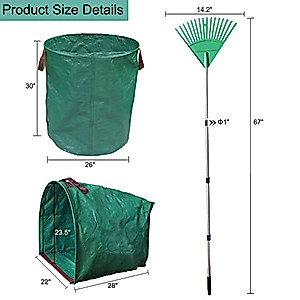 luseiya Upgrade Adjustable Leaf Rake - Garden Dustpan-Type Bag 53 Gallons and Standable Yard Waste Bag 72 Gallons for Collecting Leaves, Professional Reusable Lawn Leaf Waste Bags（Green）