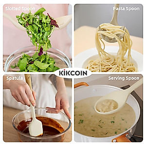 Kikcoin Large Kitchen Utensils Set - 7 PCS Silicone Cooking Utensils Set Heat-resistant 446 °F, Wooden Handle with Plastic Utensil Holder, BPA Free Spatula Ladle Spoons for Non-stick Cookware, Beige