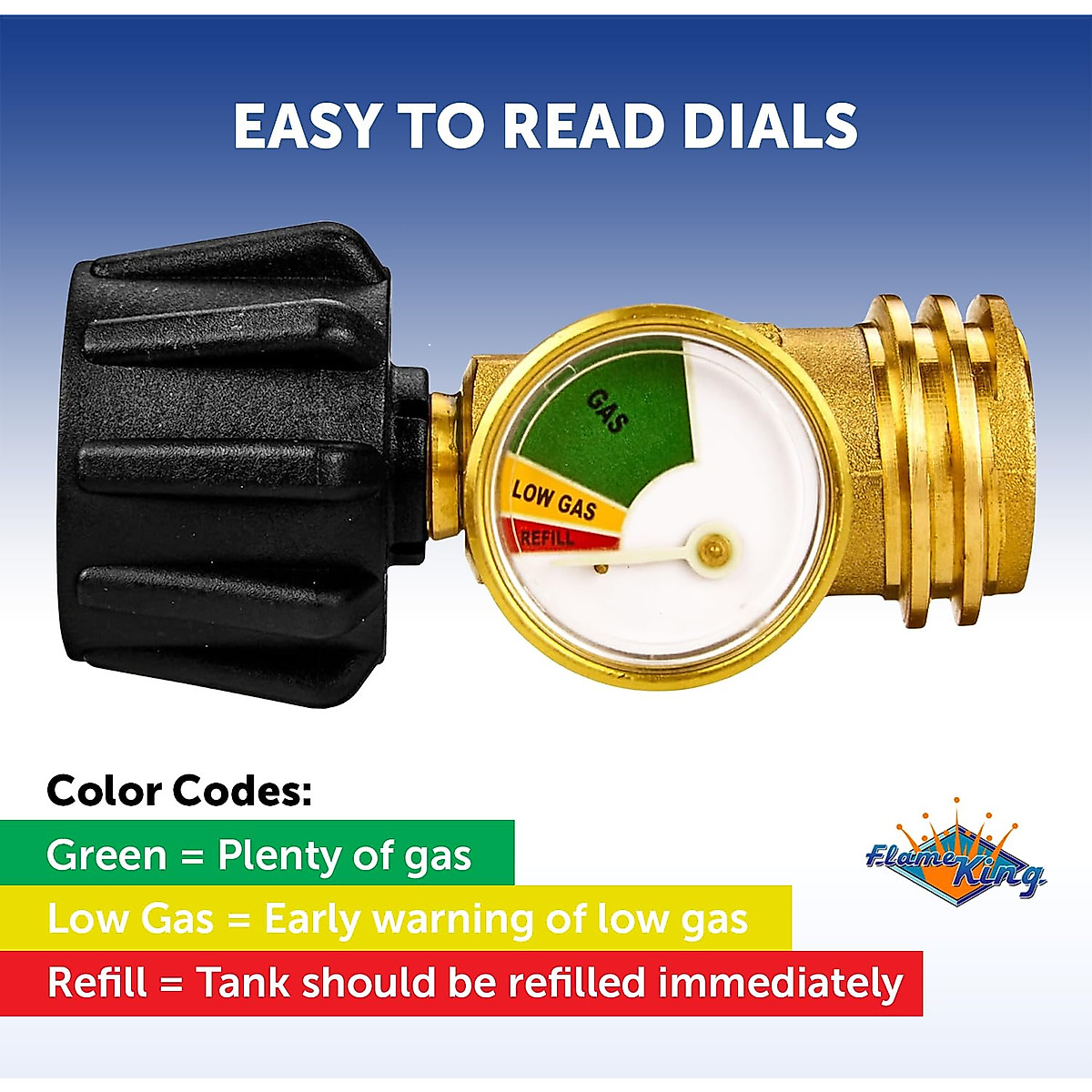Flame King Propane Tank Gauge Level Indicator Leak Detector Gas Pressure Meter Color Coded & Glow in the Dark Universal for Cylinder, BBQ Gas Grill, RV Camper, Heater and More Appliances, Brass