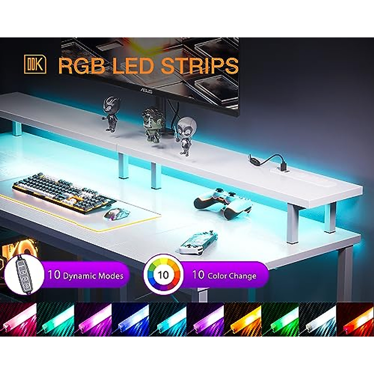 ODK 55 inch Gaming Desk with LED Lights & Power Outlets, Computer Desk with Monitor Stand & Storage Sheves, CPU Stand, Home Office Desk White