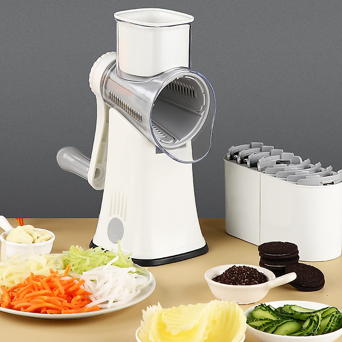 Rotary Cheese Grater and Shredder, Efficient Vegetable Cutter with Handle, 5 in 1 multifunctional Manual Mandoline Slicer for Home Use, Nuts Grinder, Durable Potato Slicer with Rubber Suction Base