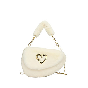 Fashion Plush Crossbody Bag For Women, Saddle Purse Wallet, Faux Fur Soft Handbag for Winter, Lovely Heart Shoulder Chain Bag (White)