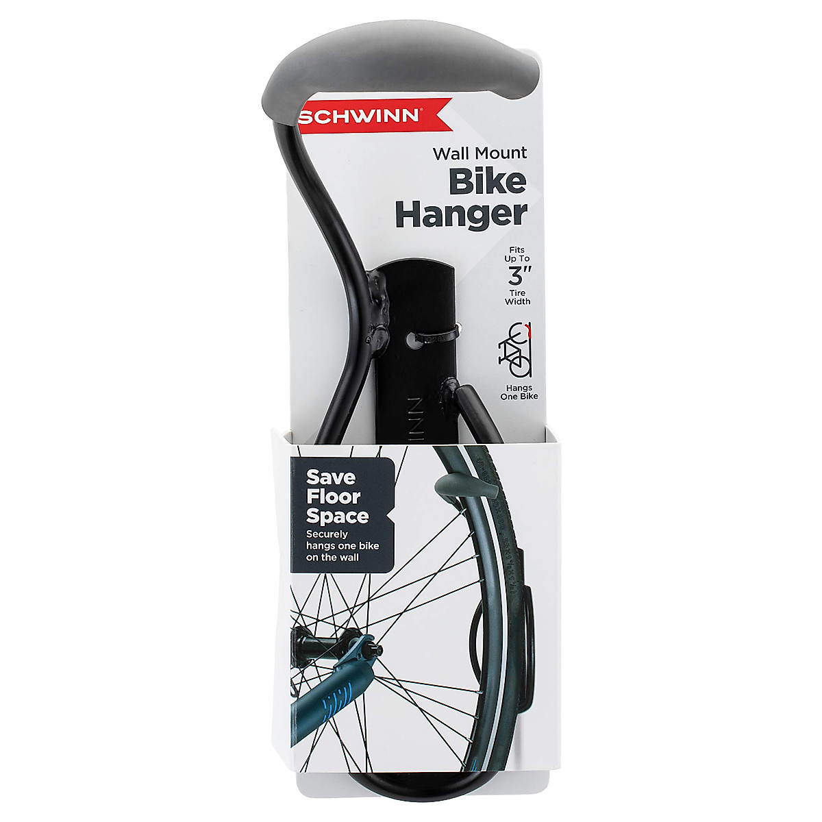 Schwinn Wall Mount Bike Hanger, Space Saving Vertical Garage Storage for Bicycle, Fits Up to 3 Inch Tire Width, Can Hold Up to 50 lbs., Hangs One Bike, Black