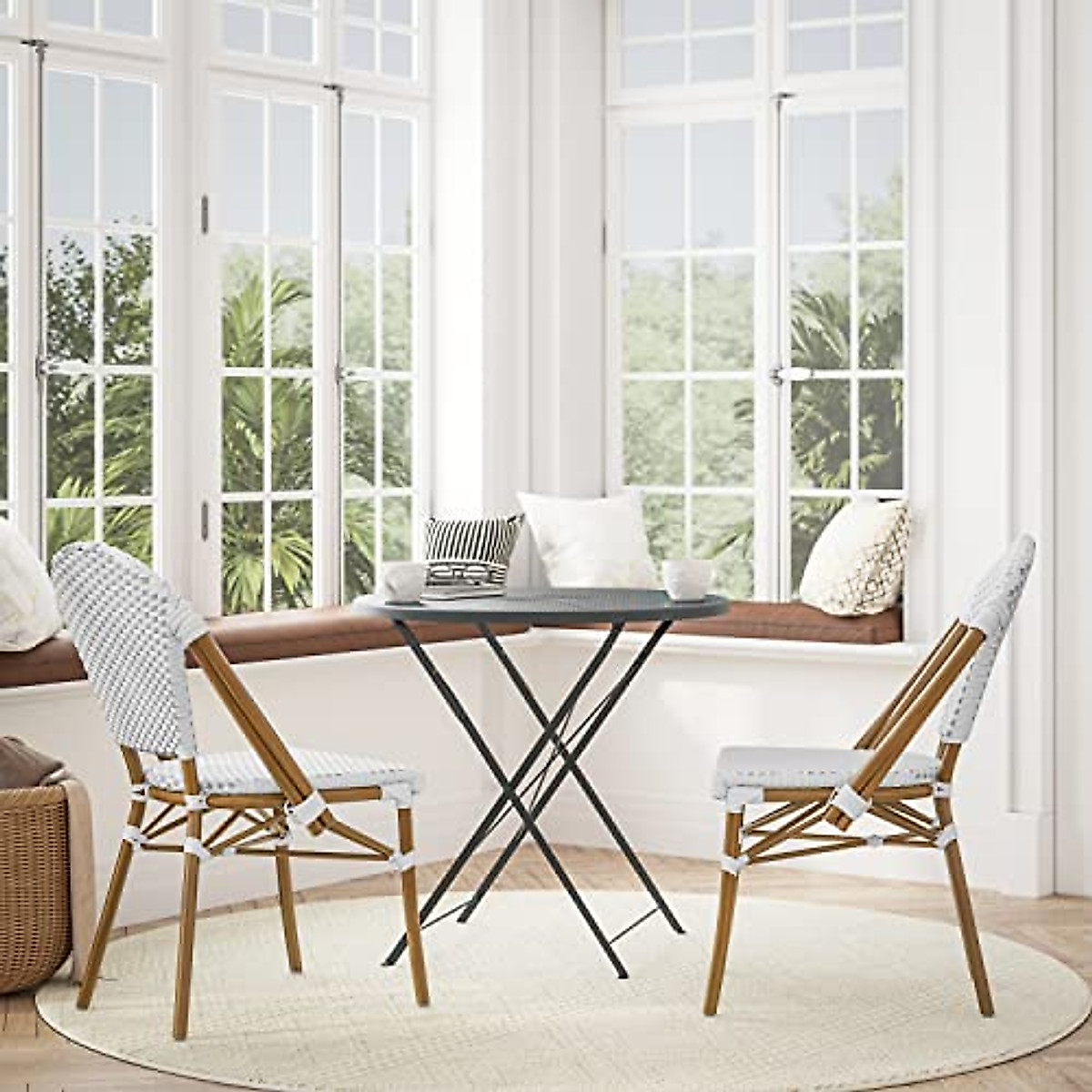 Flash Furniture Lourdes Set of 2 Indoor/Outdoor Commercial Bistro Stack Chairs - White/Gray PE Rattan Back and Seat - Natural Bamboo Print Aluminum Frame
