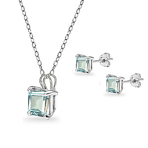 B. BRILLIANT Sterling Silver Aquamarine Square Solitaire Necklace & Stud Earrings Jewelry Set for Women