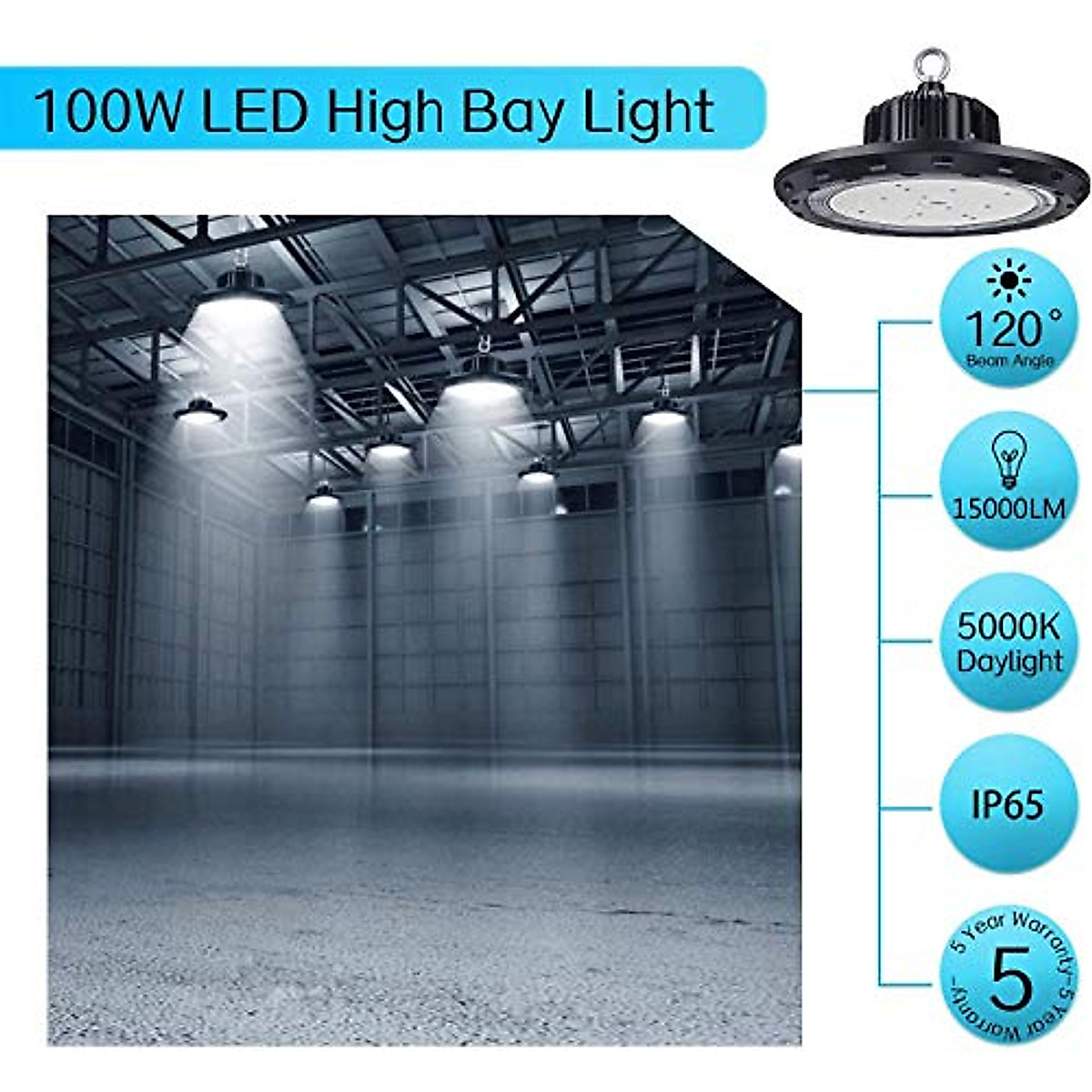 Vemofoper UFO LED High Bay Light 100W Ultra Bright Ceiling Lamp for Garage,Shop,Gym,Warehouse Work Commercial Lighting Grade 15000LM 120V 5000K IP65 (100W)