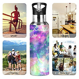 Custom Rainbow Galaxy Water Bottle Kids Thermos Personalized Name Logo Bottle Insulated Stainless Steel Water Flask Jug Straw Lid Jug for Sports Gym Outdoor 20 oz