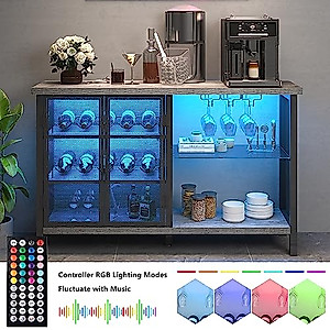 SOSPIRO Liquor Bar Cabinet with LED Lights, Industrial Wine Bar Cabinet with Wine Rack and Adjustable Shelves, Steel Coffee Bar for Home Dining Living Room Furniture, Grey