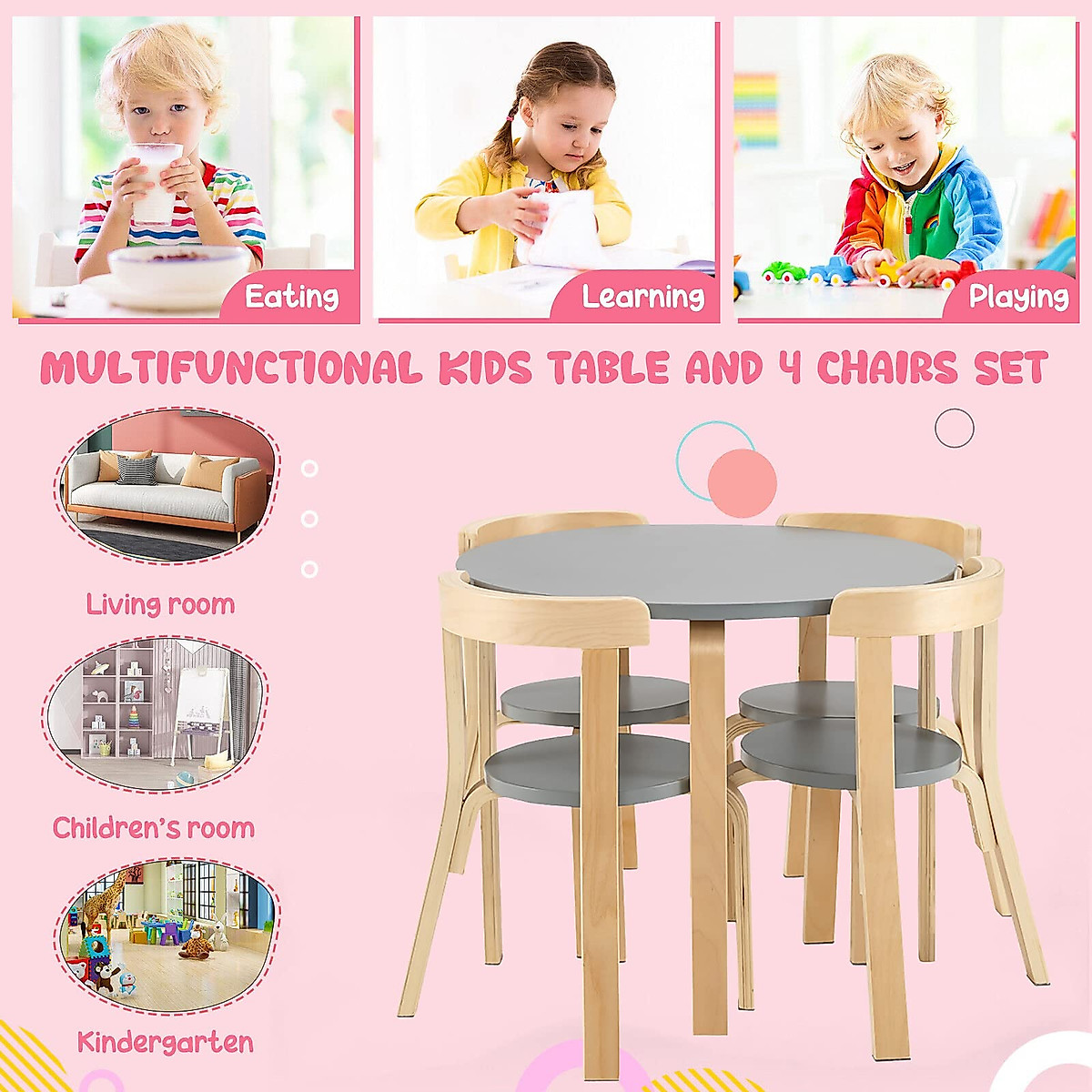 UJOYPAYD 5-Piece Kids Table Chair Set, Bentwood Toddler Round Table & 4 Chairs,Wooden Activity Table W/Curved Back Chairs,Children Furniture Set for Playing, Craft Art, Drawing, Reading (Gray)