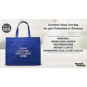 DISCOUNT PROMOS Custom Jumbo Sized Tote Bags Set of 100, Bulk Pack - Personalized Reusable Grocery Bags, Shopping Bags, Reusable Eco-Friendly Bags, Customized Promotional Item Totes for Women, Blue