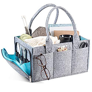Premium Baby Diaper Caddy Organizer | Portable Nursery Storage Bin | Planner Caddy | Portable Craft Storage Organizer | Car Seat Tote with Zipper Pocket & 5mm Heavy Duty Felt (Grey/Turquoise)
