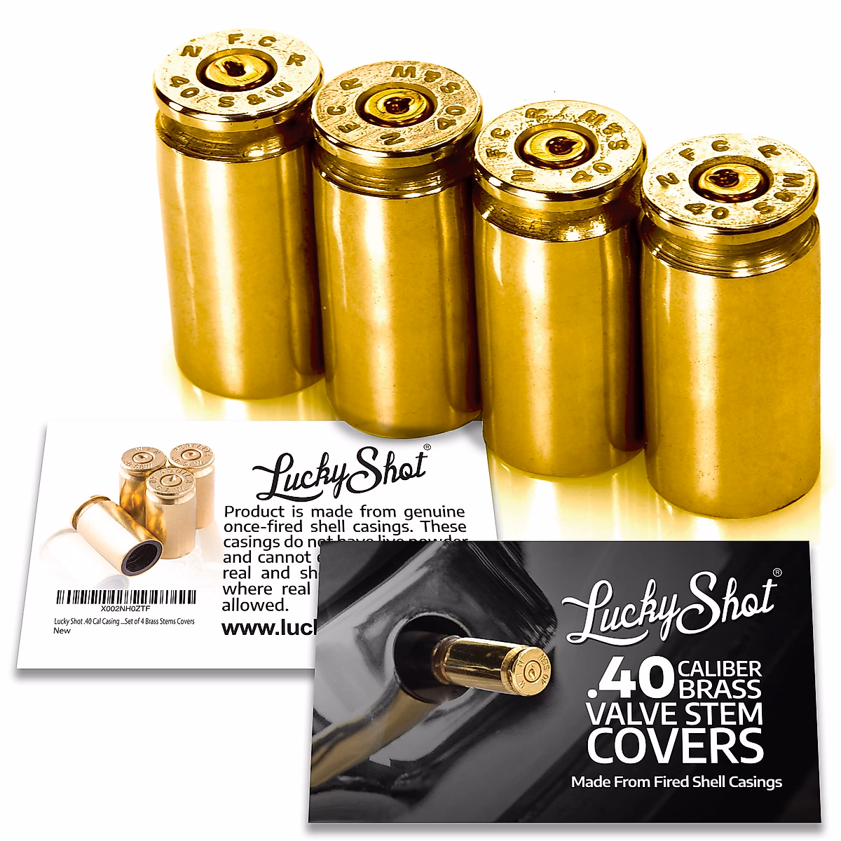 Lucky Shot - 40 Cal Bullet Shell Casing Tire Valve Stem Caps | Tire Pressure Caps | Stem Tires Accessories for Cars, SUVs, BMX Bike, Bicycle, Truck, Motorcycle | Brass Stems Covers (Set of 4)